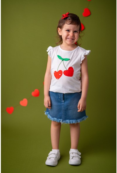 Mininio Kız Bebek Mavi Cherry Nakışlı Püsküllü Kot Etek (9 Ay - 4 Yaş )