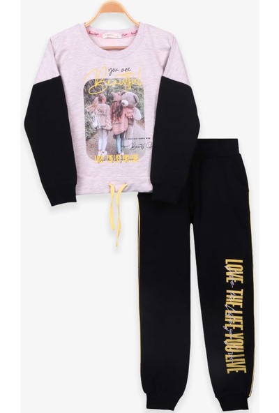 Breeze Kız Çocuk Eşofman Takımı Baskılı Bağcıklı Bej Melanj (8-12 Yaş)