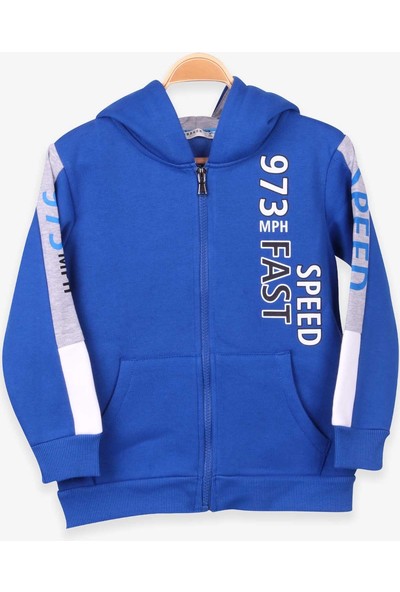 Breeze Erkek Çocuk Hırka Baskılı Kapüşonlu Saks Mavisi (4-8 Yaş)