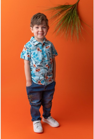 Mininio Erkek Bebek Mavi Palmiye Nakışlı Kot Pantolon (9 Ay - 4 Yaş )