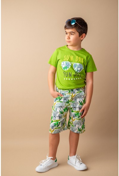 Mininio Erkek Çocuk Yeşil Jungle Desenli Şort (5 - 14 Yaş )