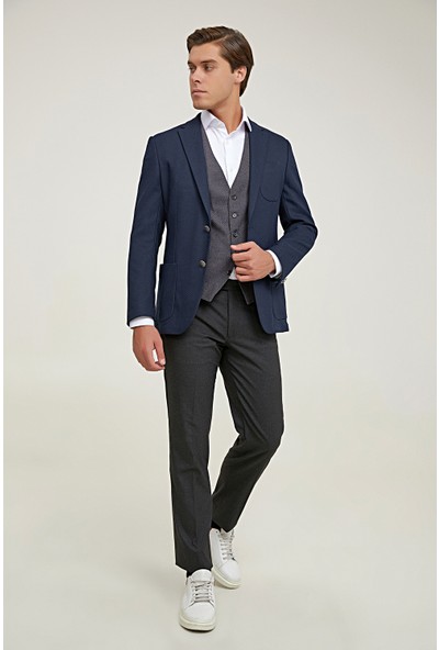 D'S Damat Slim Fit Lacivert Armürlü Kombinli Takım Elbise