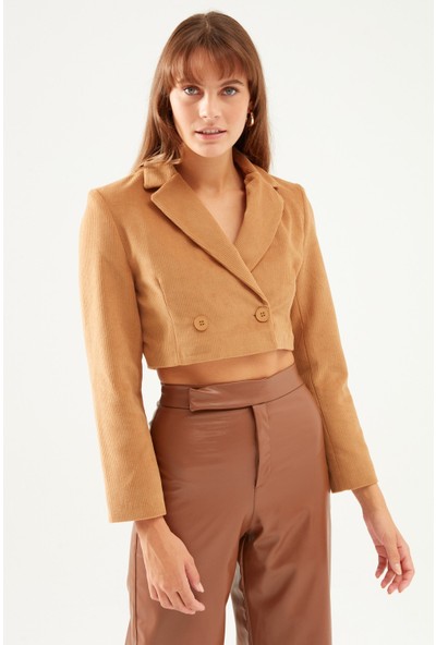 Quzu Kadife Crop Blazer Ceket Camel Quzu Kadife Crop Blazer Ceket Camel