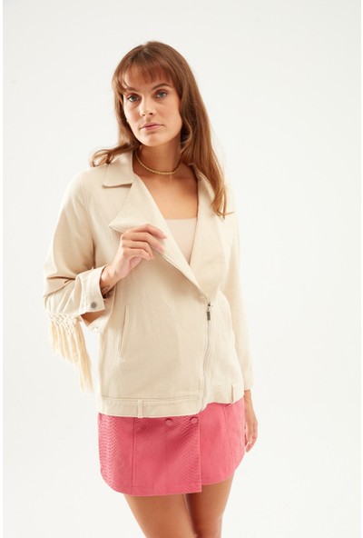 Quzu Püsküllü Biker Kot Ceket Taş