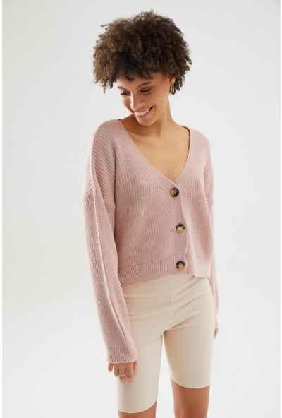 Quzu Düğmeli V Hırka Koyu Pudra