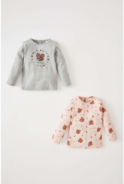 DeFacto Kız Bebek Sincap Baskılı Uzun Kollu 2'li Pamuklu Tişört W1682A221AU