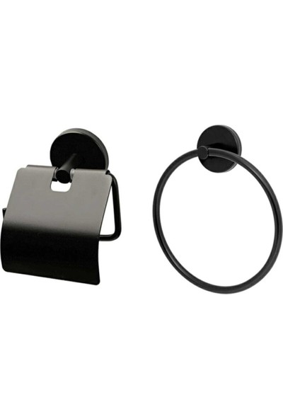 Sardıcı - Siyah Yuvarlak Havluluklu + Tuvalet Kağıtlığı 2'li Set Geniş Kapaklı