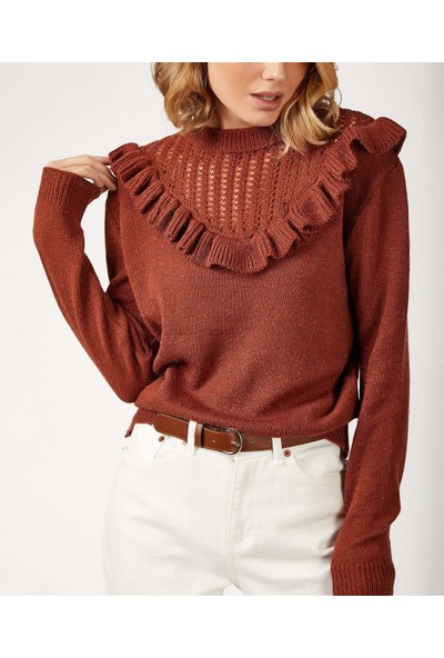 AQE FASHION Kadın Kiremit Boğazı Fırfırlı Triko Kazak AQE FASHION Kadın Kiremit Boğazı Fırfırlı Triko Kazak