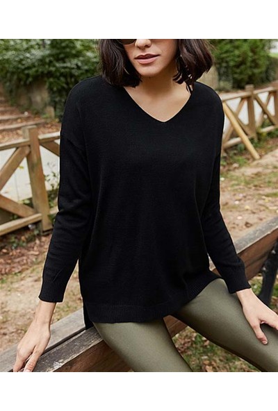 AQE FASHION Kadın Siyah V Yaka Kazak