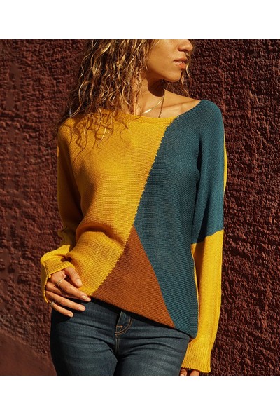 AQE FASHION Kadın Hardal Renk Bloklu Kazak