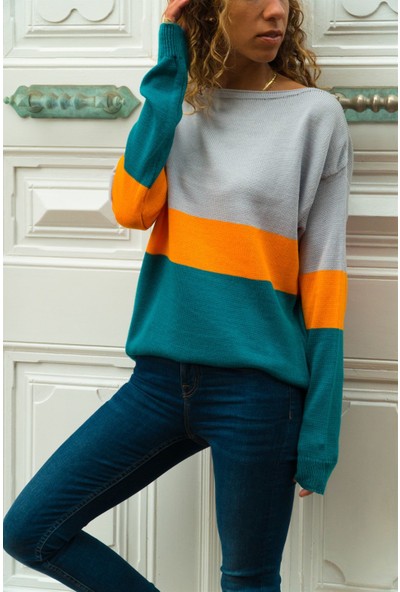 AQE FASHION Kadın Üç Bloklu Kazak Gri-Turuncu-Petrol AQE FASHION Kadın Üç Bloklu Kazak Gri-Turuncu-Petrol