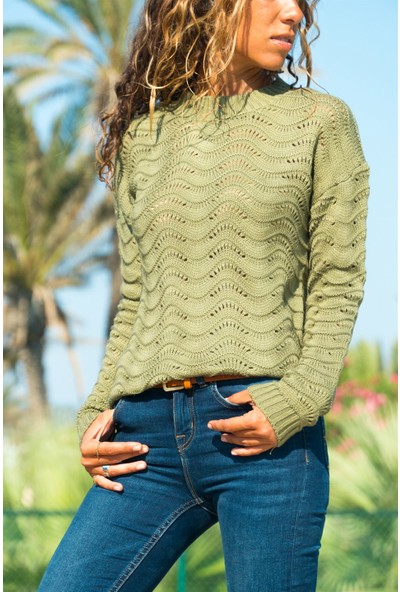 AQE FASHION Kadın Haki Dalgalı Ajurlu Örme Kazak