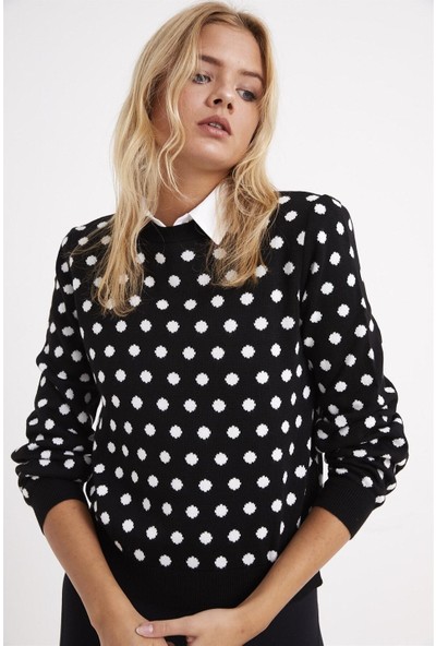 AQE FASHION Kadın Bisiklet Yaka Puantiyeli Siyah Kazak