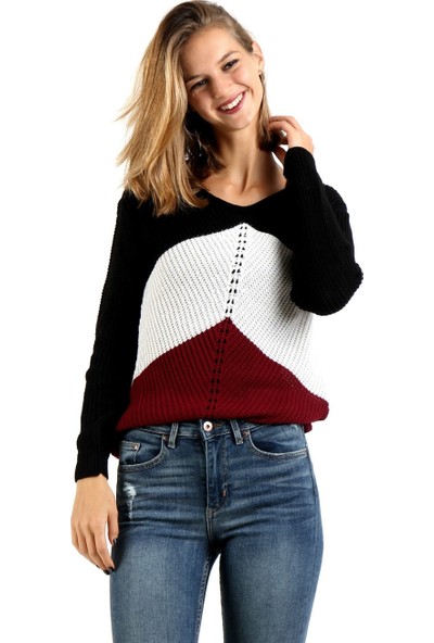 AQE FASHION Kadın Bloklu Siyah Kazak