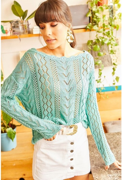 AQE FASHION Kadın Mint Yeşili Kayık Yaka Delikli Ajurlu Triko Kazak