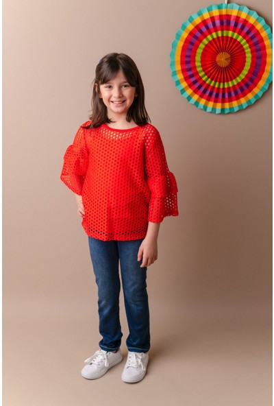 Zeyland Kız Çocuk Kırmızı Volanlı File Bluz (5-10 Yaş )