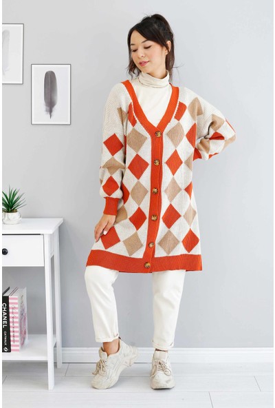 İmaj Butik Kalın Örgü Triko Hırka/bej-Kiremit