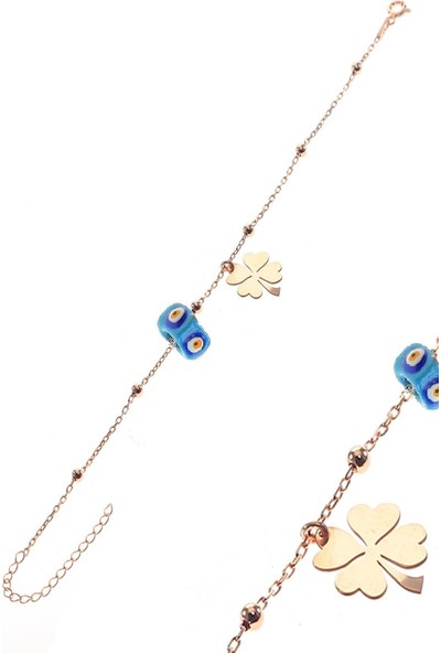 Söğütlü Silver Gümüş Yonca ve Mineli Turkuaz Taşlı Toplu Zincir Halhal