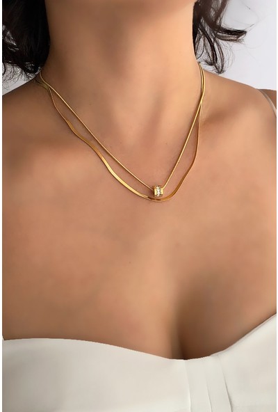 ÇLK Accessories Çelik 2 Li Döner Taşlı Italyan Zincir Çelik Kolye TRKOLYE5684 B35003