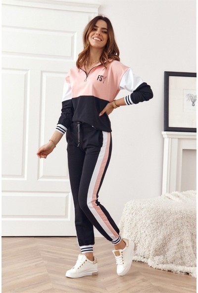 Fasardi Üç Renk Kapüşonlu Kadın Eşofman Takımı