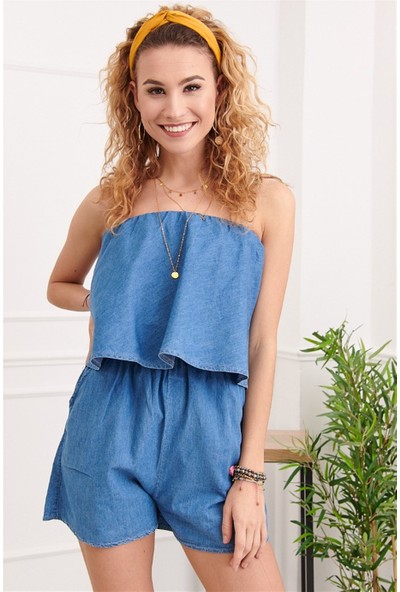 Fasardi Straplez Kesim Şortlu Jean Tulum