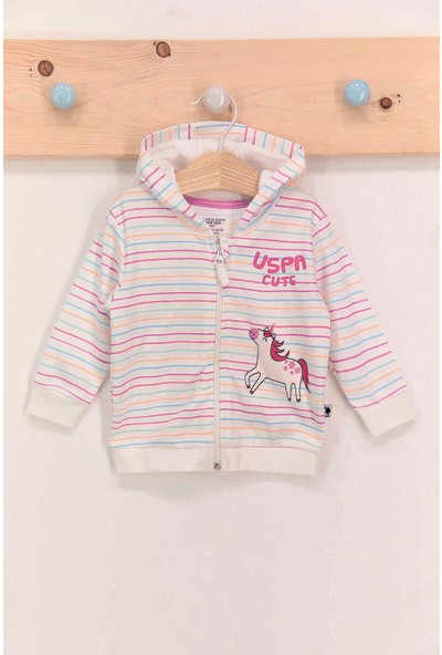 U.S. Polo Assn. Çizgili Krem Toz Pembe Kız Bebek Hırka