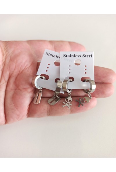 Alanç 1 Çift Sıkıştırmalı Kurukafa Figürlü 1 Çift Jilet Figürlü Kıstırmalı Çelik Erkek Küpe