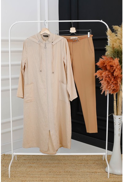 İmaj Butik Büyük Beden Kapişonlu Tesettür Kap-Bej