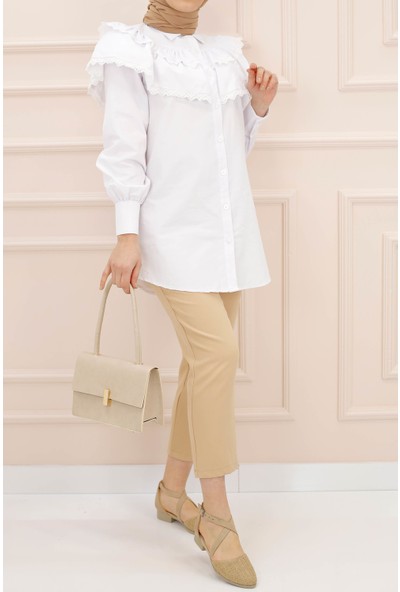 İmaj Butik İmaj Güpür Detaylı Gizli Düğmeli Gömlek /beyaz