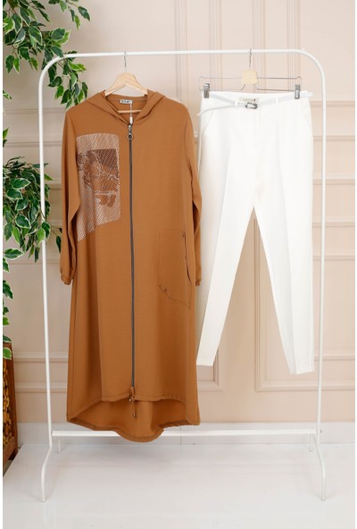 İmaj Butik Büyük Beden Kapşonlu Tesettür Krep Kap-Taba