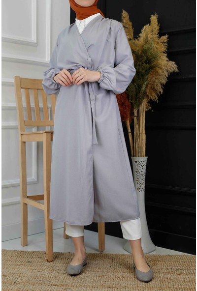 İmaj Butik İmaj Belden Bağlamalı Krevize Yaka Krep Kap-Gri