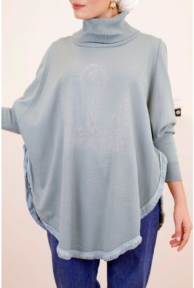 İmaj Butik İmaj Önü Taşlı Triko Panço-Mint