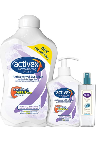 Activex Antibakteriyel Sıvı Sabun Hassas 1,5 Lt + 300 ml +Duru Okyanus Kolonya Sprey Activex Antibakteriyel Sıvı Sabun Hassas 1,5 Lt + 300 ml +Duru Okyanus Kolonya Sprey