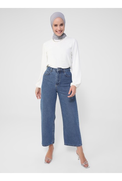 Refka Geniş Paça Doğal Kumaşlı Kot Pantolon - Indigo - Refka Casual