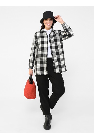 Alia Büyük Beden Ekose Desenli Yünlü Ceket - Siyah Gri - Alia