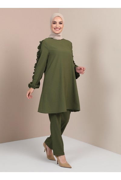 Tavin Kolları Fırfırlı Detaylı Kuşaklı Tunik Pantolon Ikili Takım-Haki-Tavin