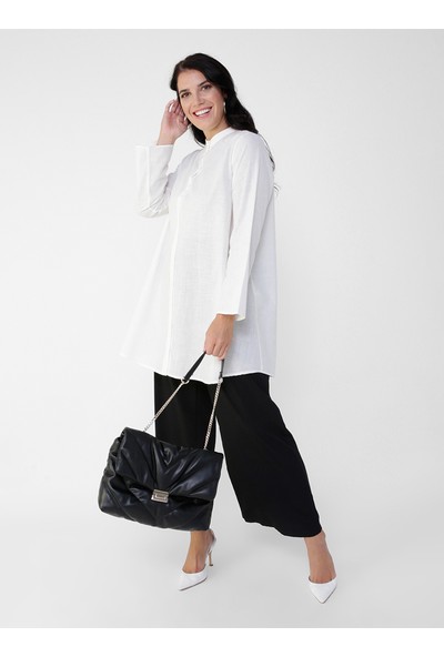 Alia Büyük Beden Doğal Kumaşlı Düğmeli Tunik - Beyaz - Alia
