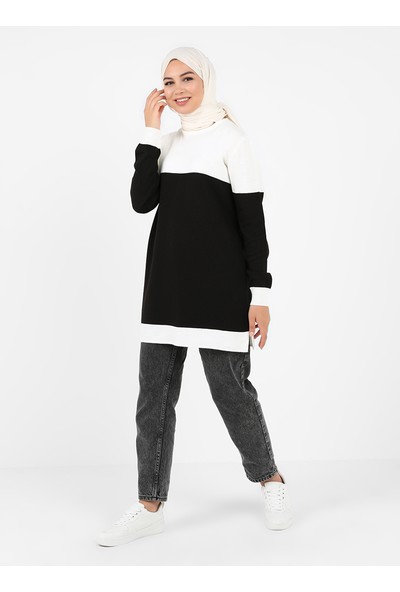 Tavin Bisiklet Yaka Örgü Detaylı Color Blok Triko Tunik - Ekru - Tavin Tavin Bisiklet Yaka Örgü Detaylı Color Blok Triko Tunik - Ekru - Tavin