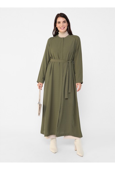 Alia Büyük Beden Kuşaklı Boydan Fermuarlı Ferace - Haki - Alia