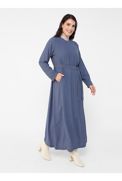 Alia Büyük Beden Kuşaklı Boydan Fermuarlı Ferace - Indigo - Alia
