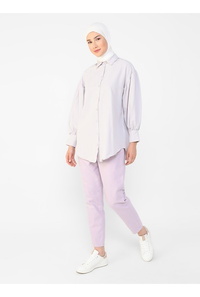 Benin Balon Kollu Poplin Gömlek - Lila - Benin