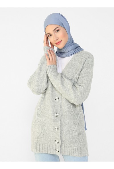 Benin Jakarlı Düğmeli Triko Hırka - Gri - Benin Benin Jakarlı Düğmeli Triko Hırka - Gri - Benin