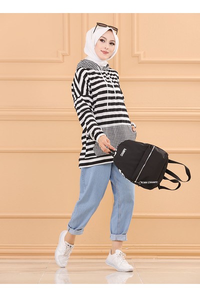 Tofisa Kapüşonlu Çizgi Desenli Tunik - Siyah - Tofisa