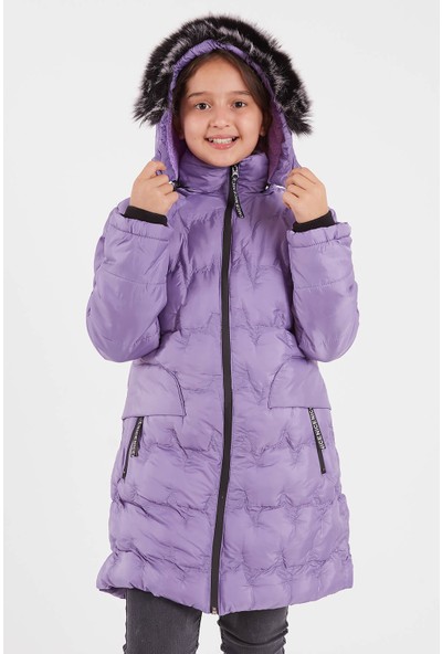 Cansın Mini Kız Çocuk Siyah Kürklü Nice Yazı Fermuarlı Mont 2-15 Yaş 13346