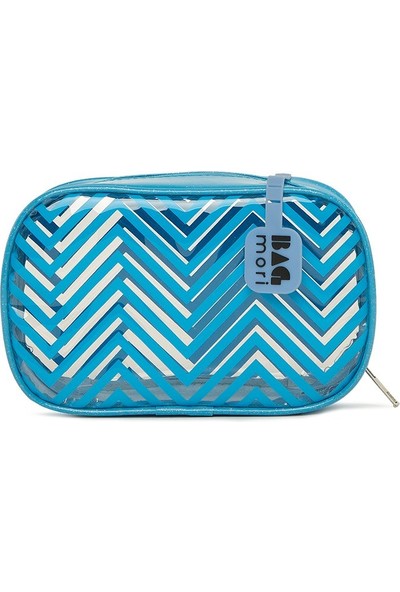 Bagmori Mavi Simli Baskılı Şeffaf Makyaj Çantası