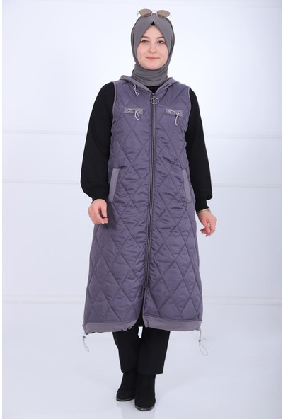 Kombinal Kadın Gri Kapüşonlu Büyük Beden Şişme YELEK-4121 Kombinal Kadın Gri Kapüşonlu Büyük Beden Şişme YELEK-4121