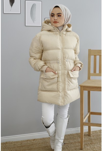 İmaj Butik Önü Cep Detaylı Ara Boy Şişme Mont/bej