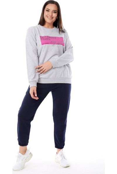 Siyezen Büyük Beden Gri Dikdörtgen Baskılı Sweatshirt