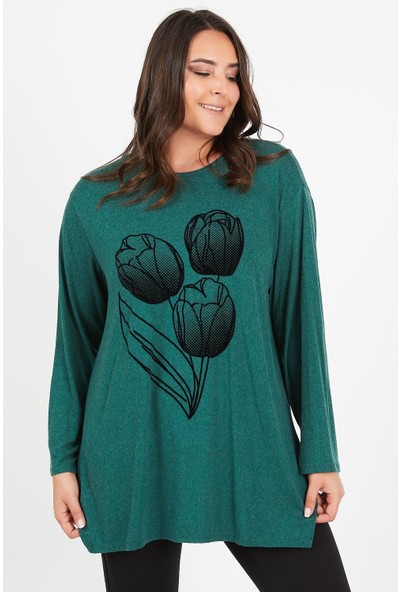 Siyezen Büyük Beden Yeşil Salaş Lale Baskılı Yün Viskon Kazak Siyezen Büyük Beden Yeşil Salaş Lale Baskılı Yün Viskon Kazak