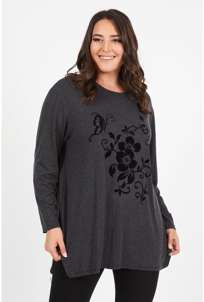 Siyezen Büyük Beden Antrasit Çiçek Baskılı Yün Viskon Kazak